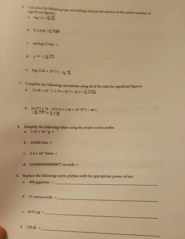 Solved 6. Calculate the following logs and antilogs and put | Chegg.com