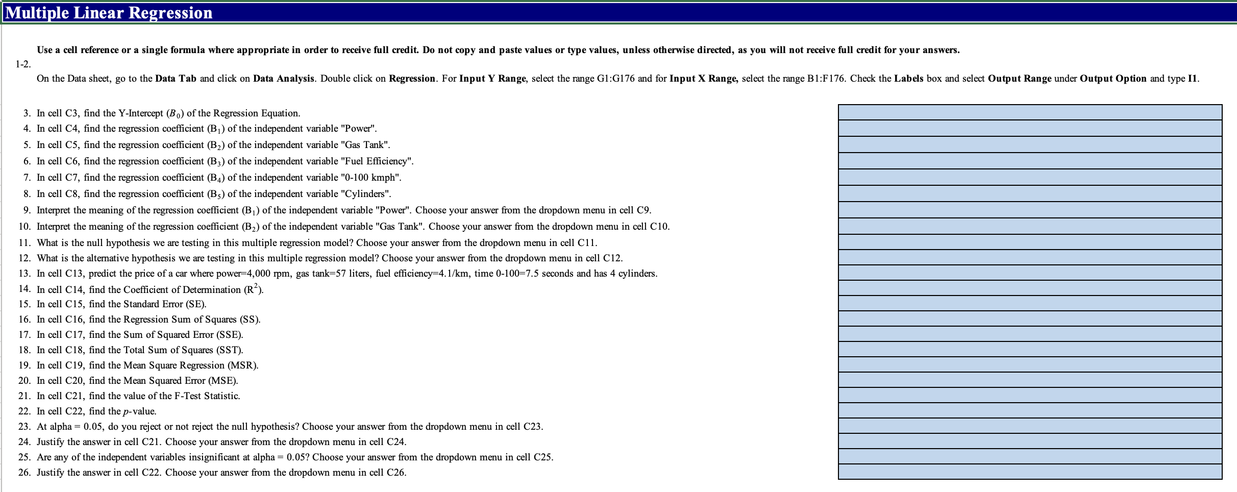Multiple Linear Regression Project Description: | Chegg.com