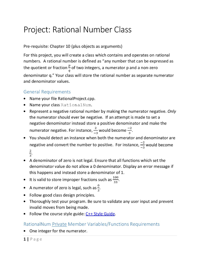 Project: Rational Number Class Pre-requisite: Chapter | Chegg.com