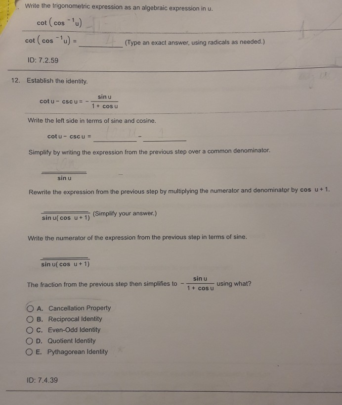 Solved Write the trigonometric expression as an algebraic | Chegg.com