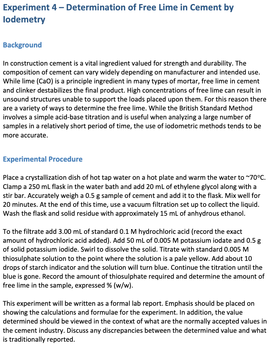 Solved Experiment 4 – Determination of Free Lime in Cement | Chegg.com