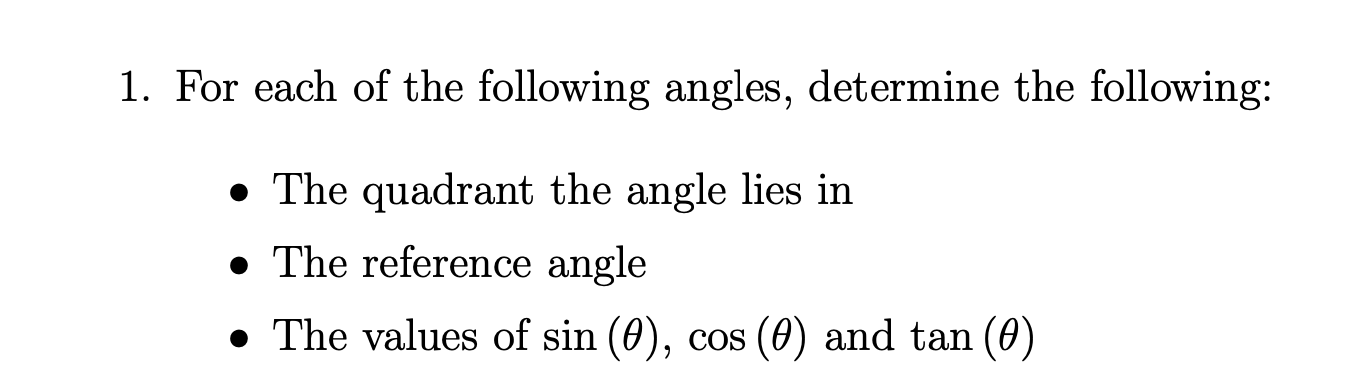 Solved 1. For each of the following angles, determine the | Chegg.com