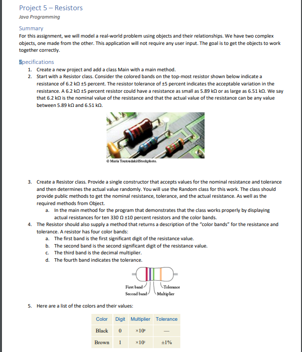 Solved Project 5 - Resistors Java Programming Summary For | Chegg.com