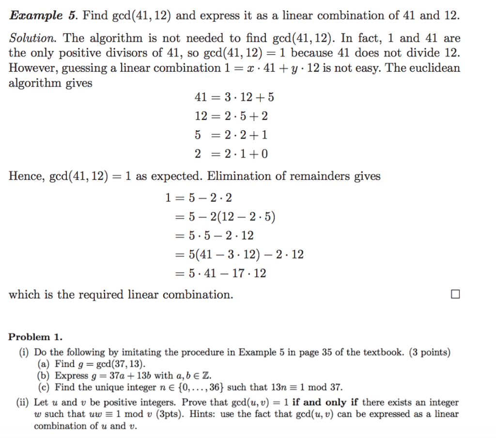 Solved Example 5. Find gcd(41,12) and express it as a linear | Chegg.com