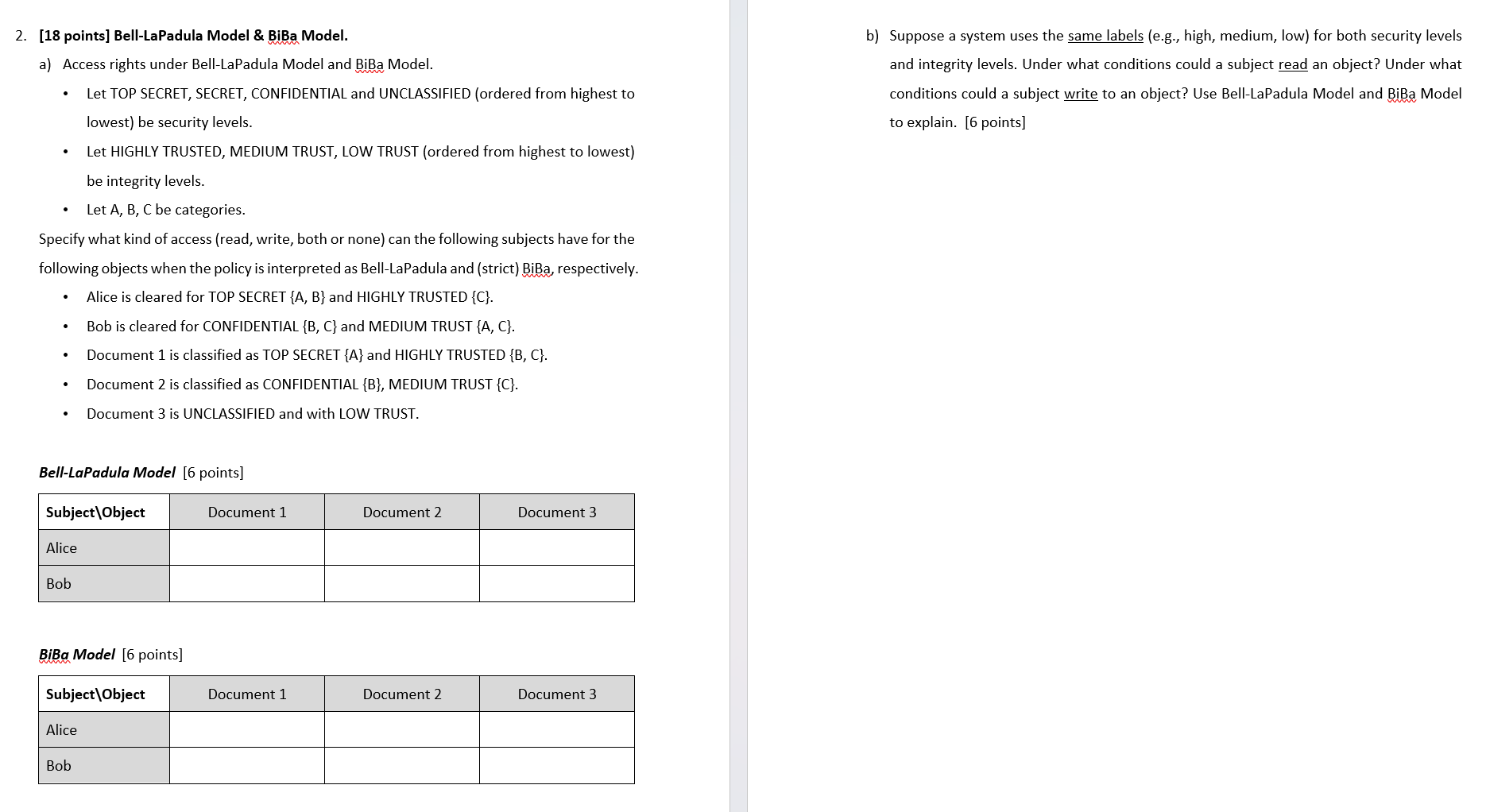 Solved 2. [18 points] Bell-LaPadula Model \& BiBa Model. a) | Chegg.com
