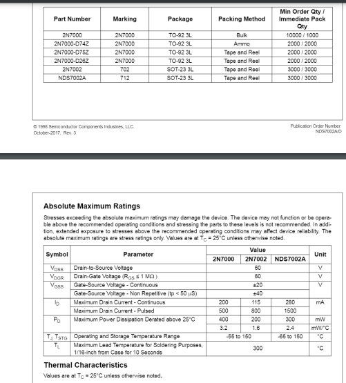 Solved Part Number Marking Package Packing Method 2N7000 | Chegg.com