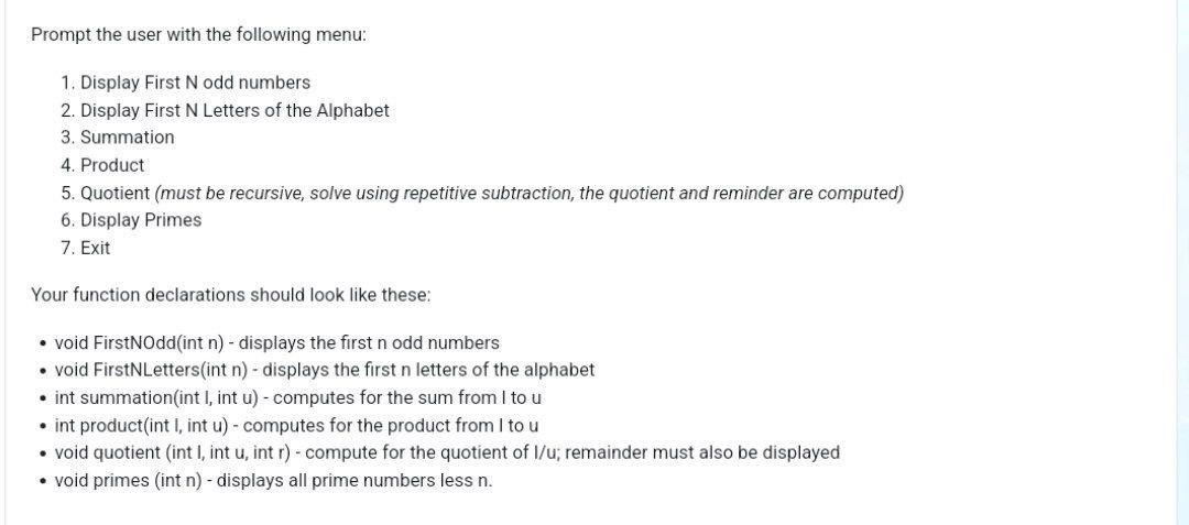 Prompt the user with the following menu: 1. Display | Chegg.com