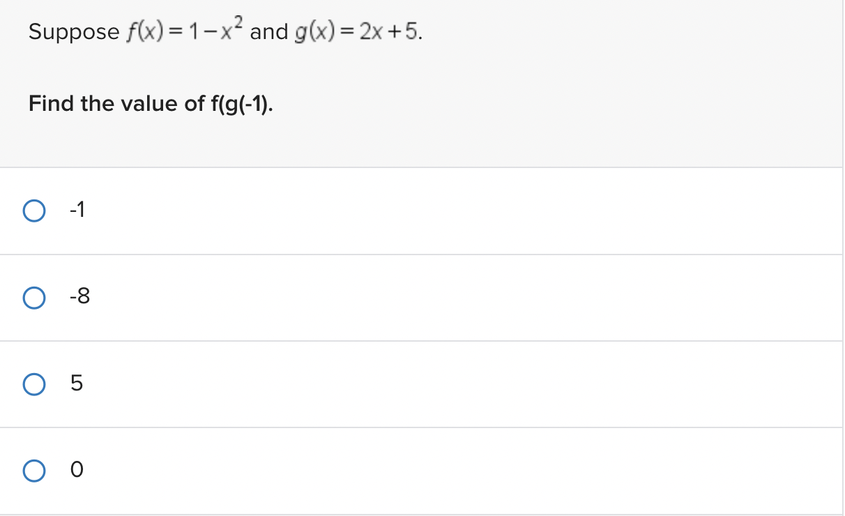 Solved Suppose f(x)=1−x2 and g(x)=2x+5. Find the value of | Chegg.com