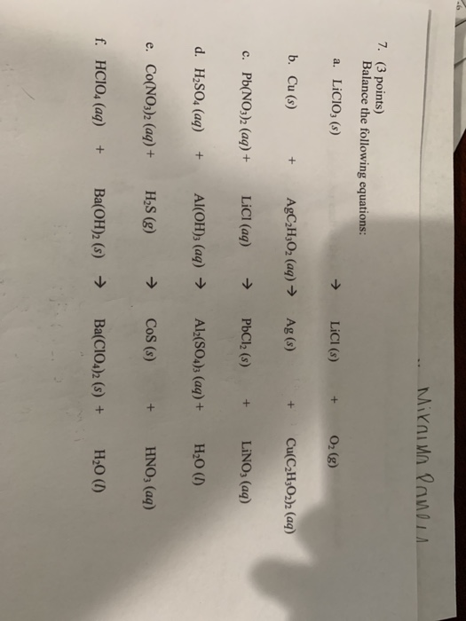Solved 7. (3 points) Balance the following equations a. | Chegg.com
