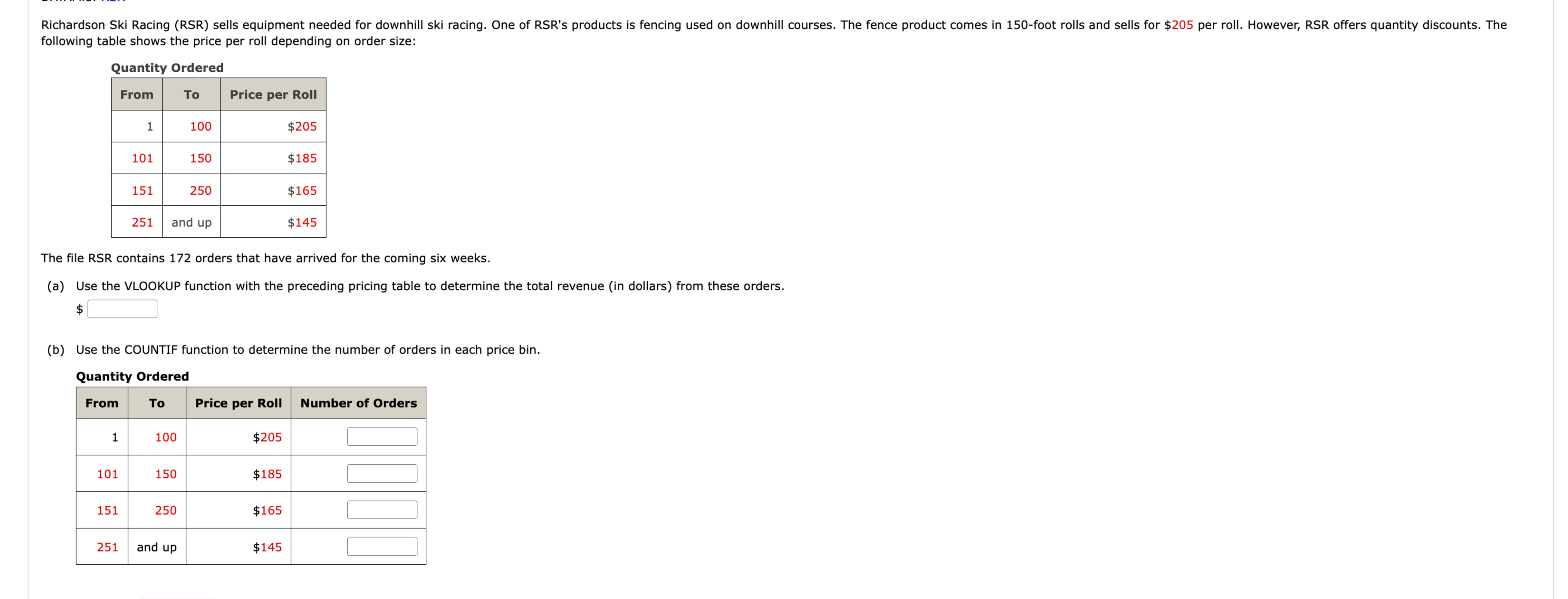 Solved following table shows the price per roll depending on | Chegg.com