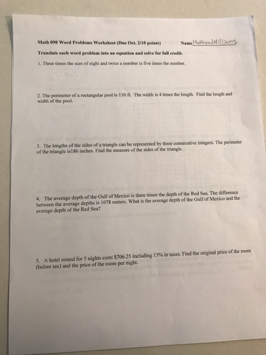 Solved Math 098 Word Problems Worksheet (Due Oet. 2/10 | Chegg.com