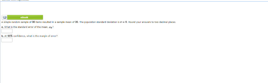 Solved eBook A simple random sample of 30 items resulted in | Chegg.com