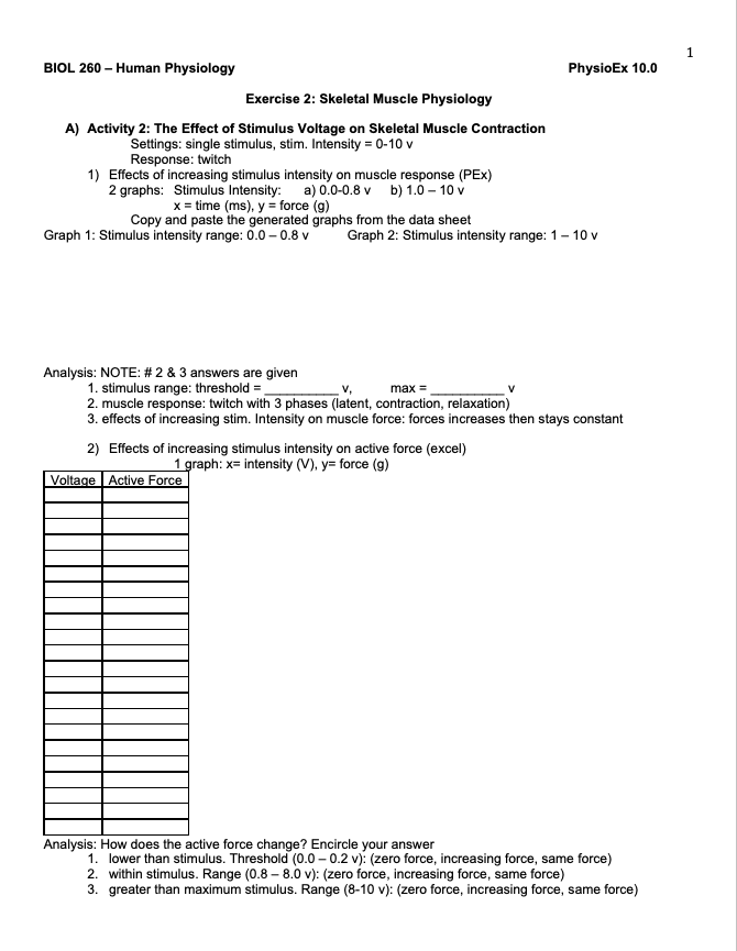 1 BIOL 260 - Human Physiology PhysioEx 10.0 Exercise | Chegg.com