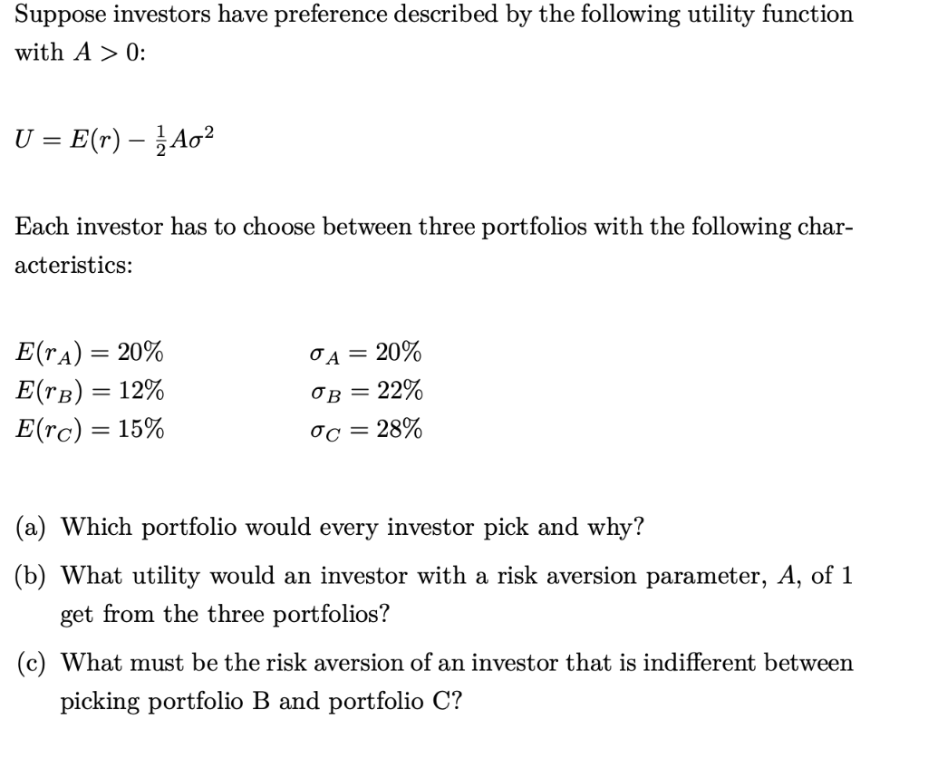 Solved Suppose investors have preference described by the | Chegg.com
