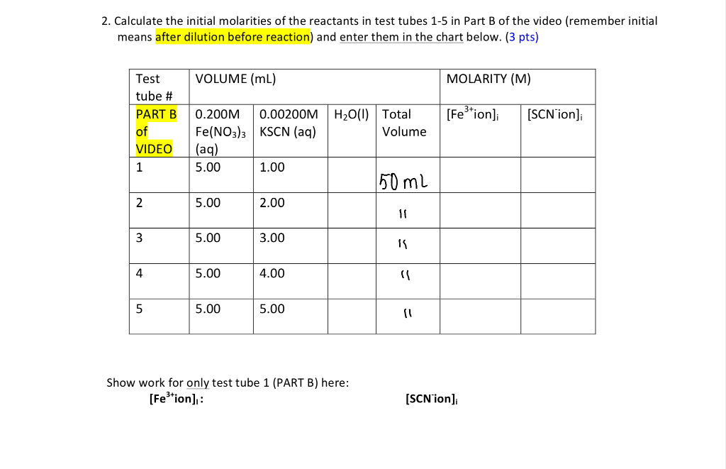 Solved 2. Calculate the initial molarities of the reactants | Chegg.com