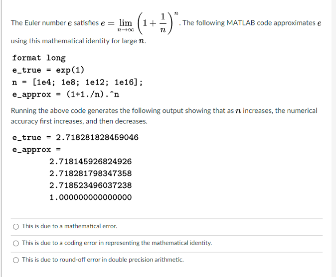 Solved n +)". 100 = The Euler number e satisfies e = lim (1+ | Chegg.com