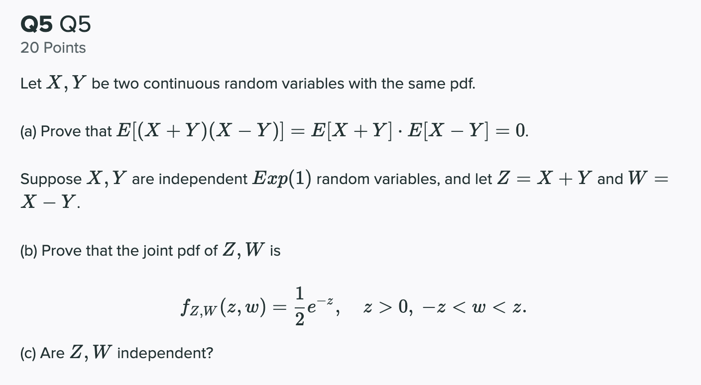 Solved Q5 Q5 20 Points Let X, Y be two continuous random | Chegg.com