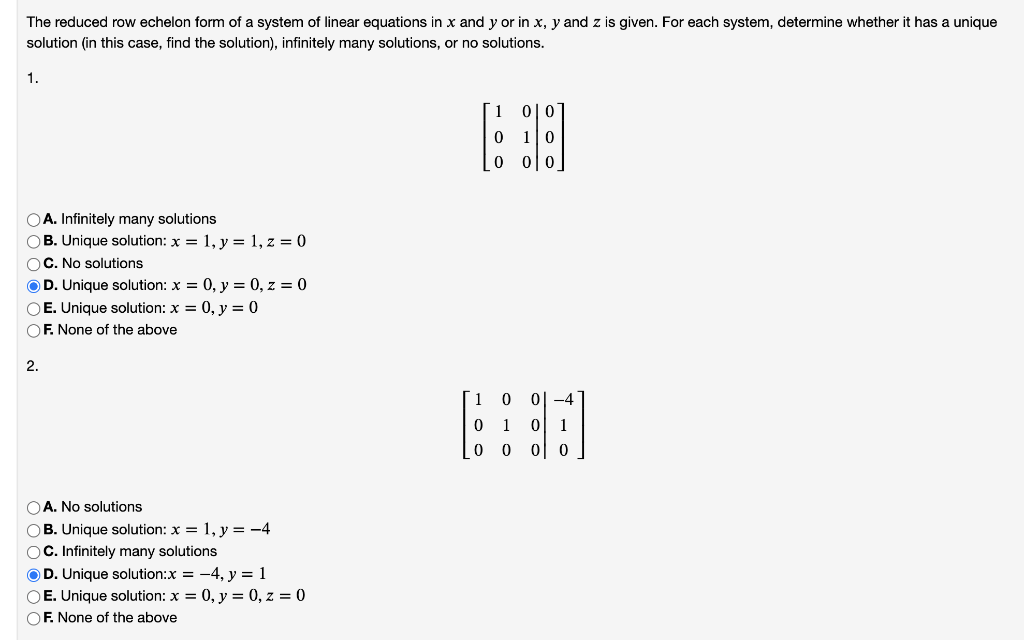 Solved The reduced row echelon form of a system of linear | Chegg.com