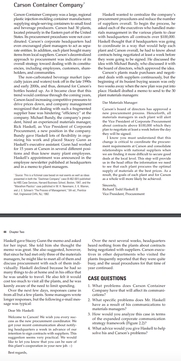 Solved Carson Container Company Carson Container Company was | Chegg.com