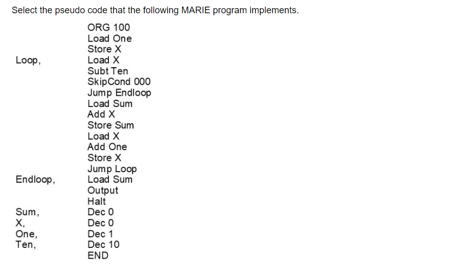 Solved Select the pseudo code that the following MARIE | Chegg.com