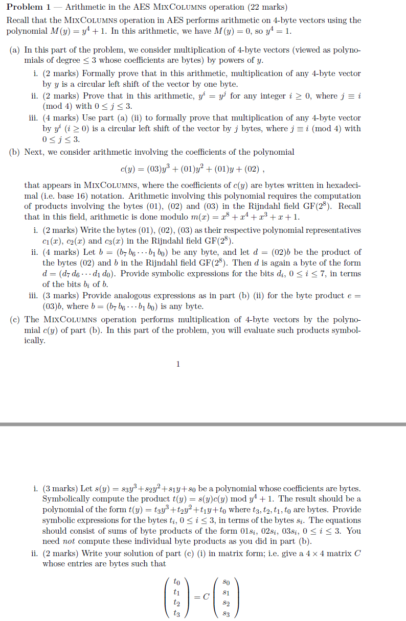 Problem 1 - Arithmetic in the AES MIX COLUMNS | Chegg.com