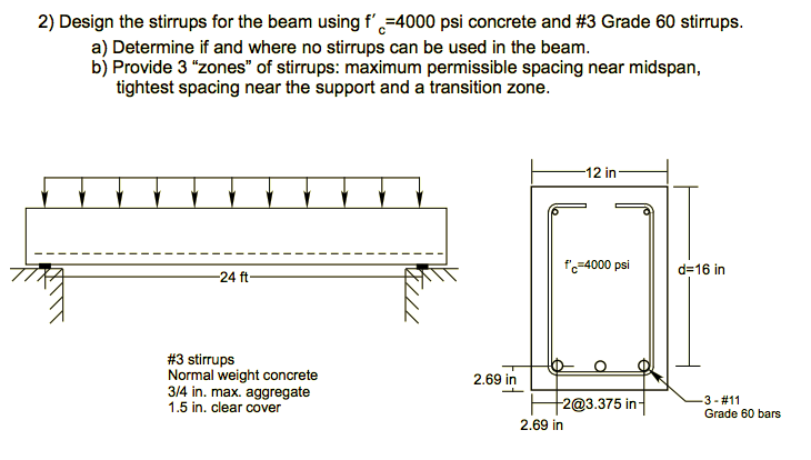 Solved 2) Design the stirrups for the beam using f'4000 psi | Chegg.com