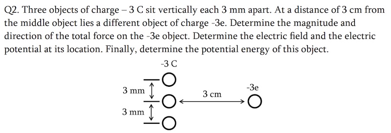 Solved Q2. ﻿Three objects of charge -3C ﻿sit vertically each | Chegg.com