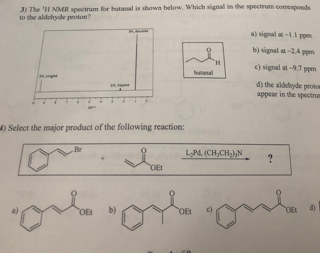 Solved 3) The 'H NMR spectrum for butanal is shown below. | Chegg.com