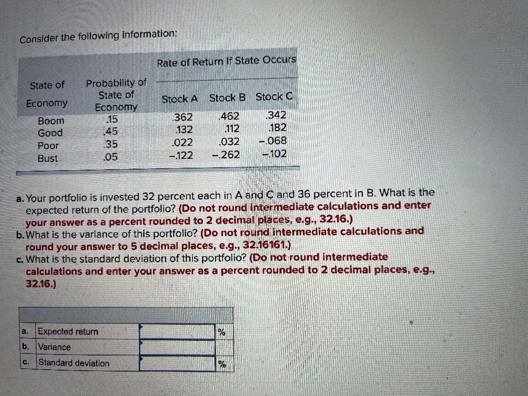Solved Consider the following information: Rate of Return If | Chegg.com