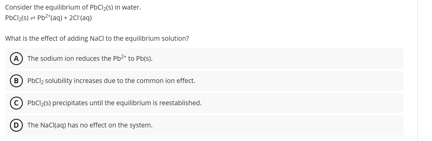 Solved Consider the equilibrium of PbCl2(s) in | Chegg.com