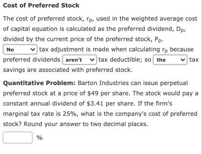 Solved Cost of Preferred Stock The cost of preferred stock, | Chegg.com