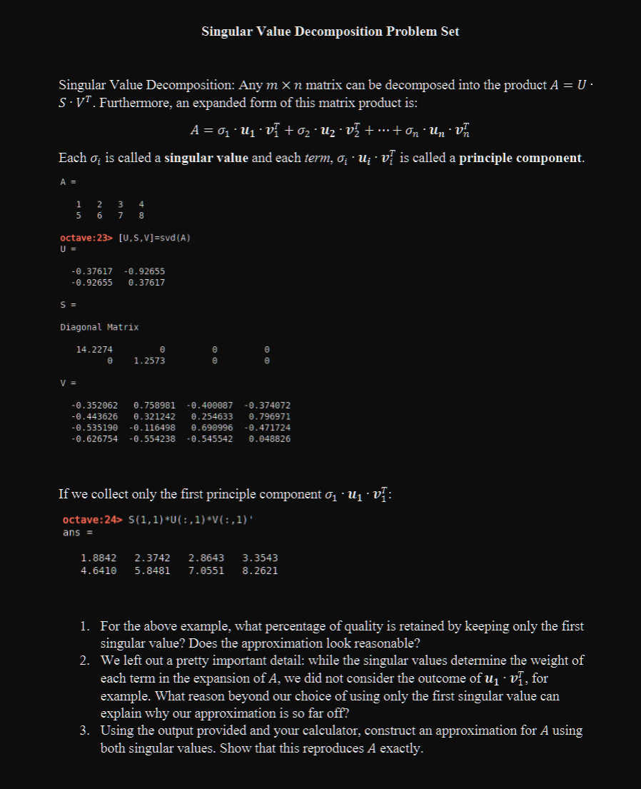 Singular Value Decomposition Problem Set Singular | Chegg.com