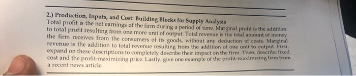 Solved 2.) Production, Inputs, and Cost: Building Blocks for | Chegg.com