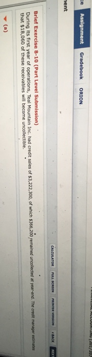 Solved ce Gradebook ORION ent Brief Exercise 8-10 (Part | Chegg.com