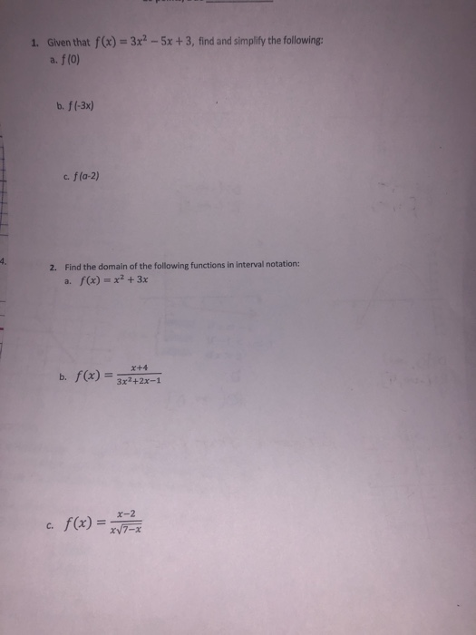 Solved 1. Given that f() = 3x2-5x + 3 , find and simplify | Chegg.com