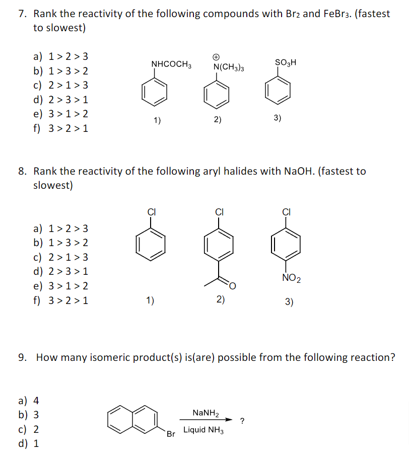 Solved 7. Rank the reactivity of the following compounds | Chegg.com