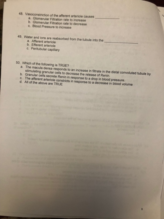 Solved 48. Vasoconstriction of the afferent arteriole causes | Chegg.com