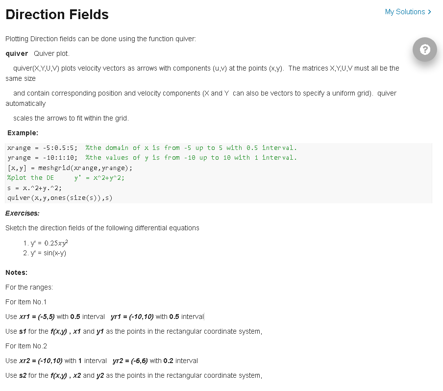 Solved Direction Fields My Solutions > Plotting Direction | Chegg.com