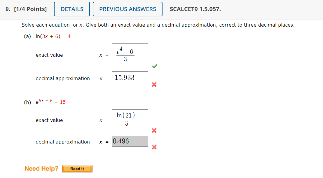 Solved 9. [1/4 Points] SCALCET9 1.5.057. Solve each equation | Chegg.com