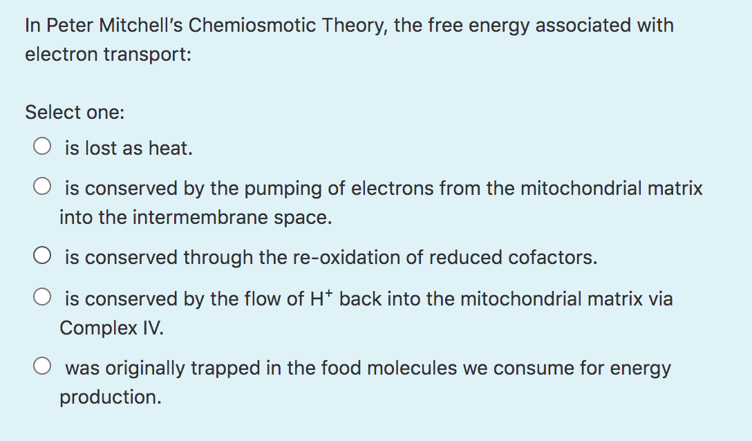 Solved In Peter Mitchell's Chemiosmotic Theory, the free | Chegg.com