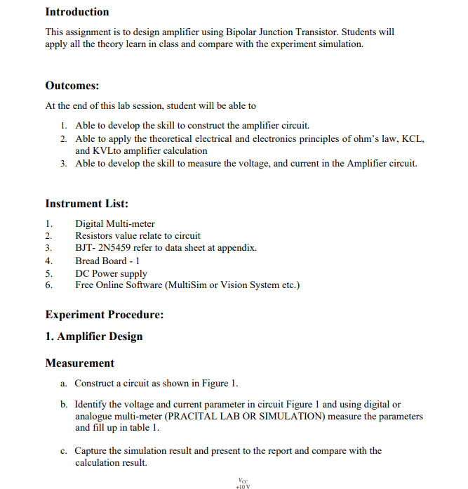 Assignment - Amplifier Design Write report format | Chegg.com