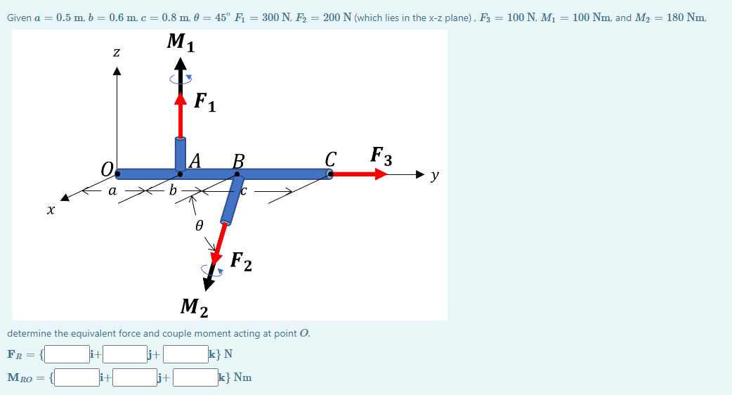 Solved Given a=0.5 m, b=0.6 m, c=0.8 m, θ=45∘ F1=300 N, | Chegg.com