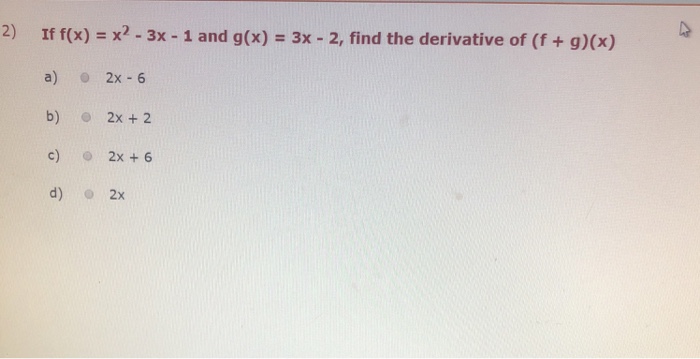 Solved 2) If f(x) = x2-3x-1 and g(x) = 3x-2, find the | Chegg.com