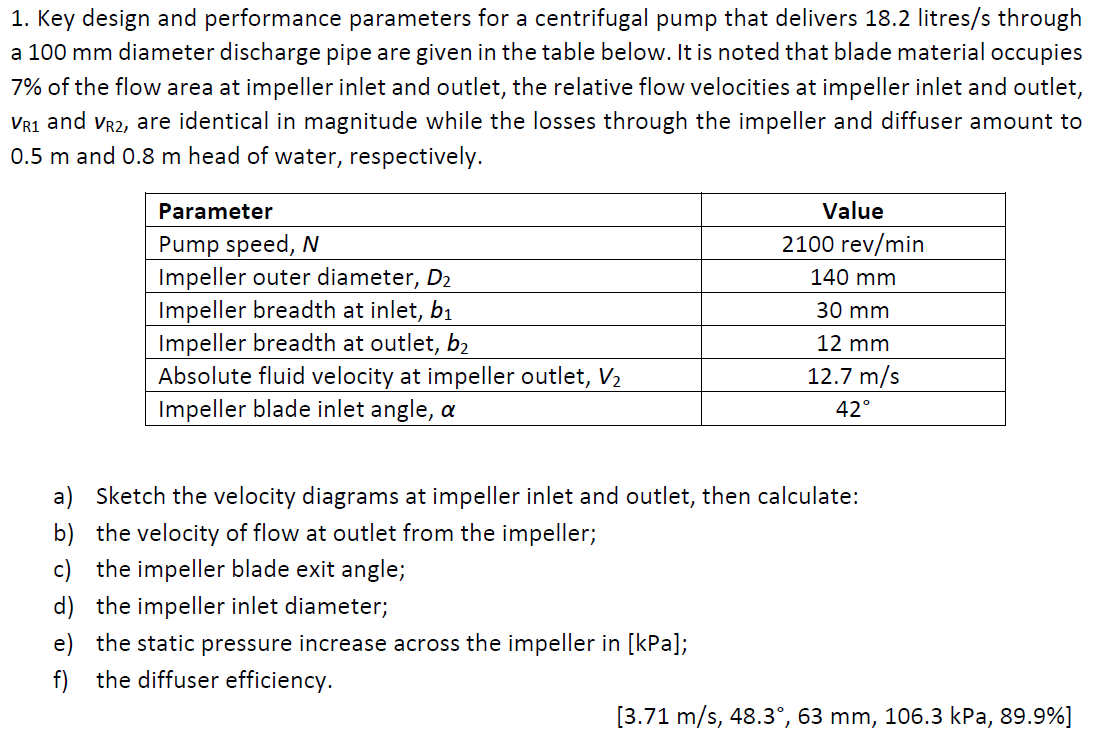 Solved 1. Key design and performance parameters for a | Chegg.com