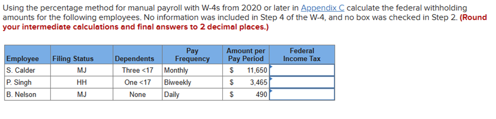 Using the percentage method for manual payroll with | Chegg.com