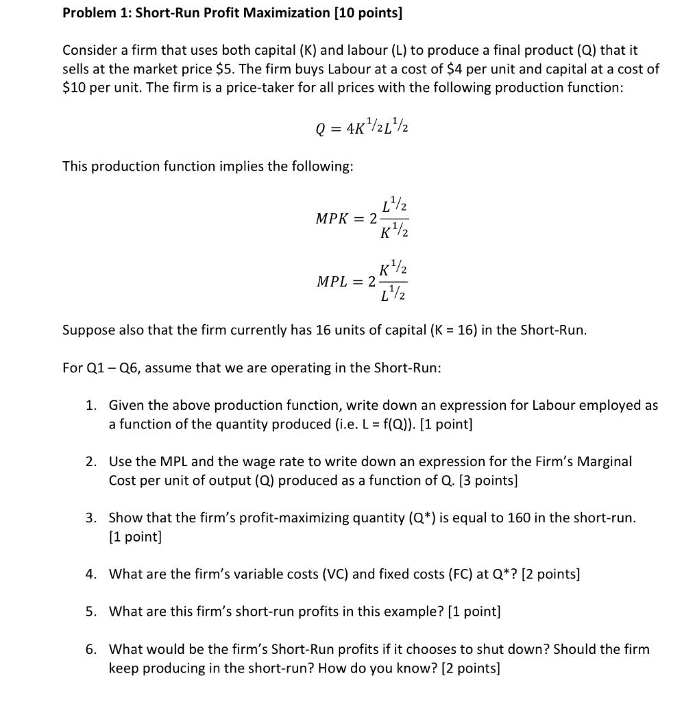 Solved Problem 1: Short-Run Profit Maximization [10 points] | Chegg.com