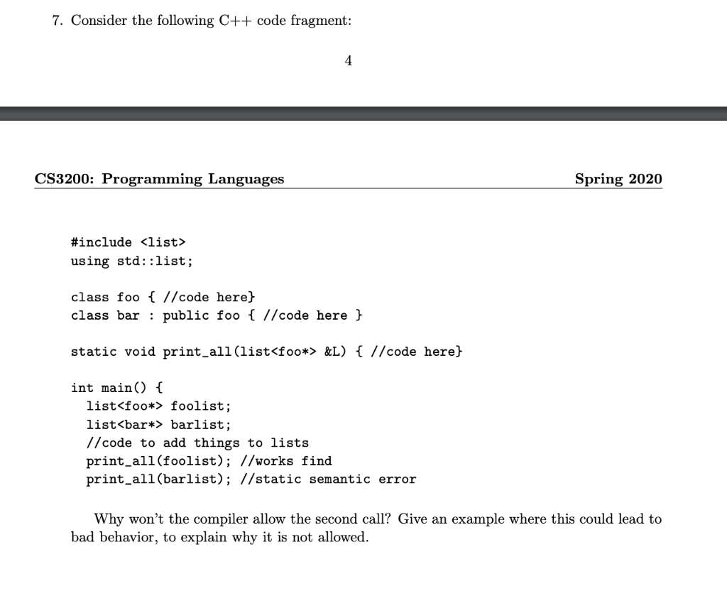7. Consider the following C++ code fragment: CS3200: | Chegg.com