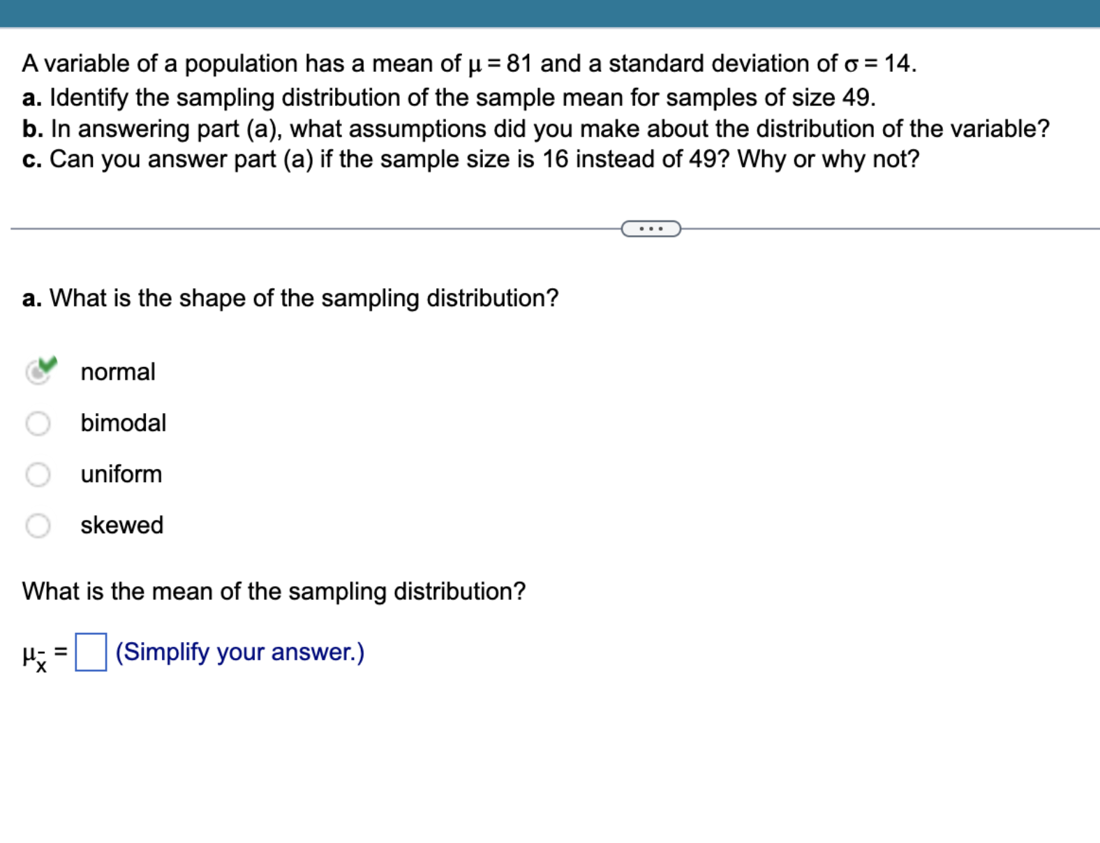 Solved A variable of a population has a mean of μ=81 ﻿and a | Chegg.com