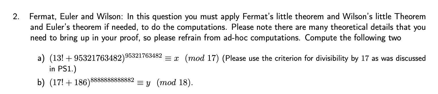 Solved 2. Fermat, Euler and Wilson: In this question you | Chegg.com