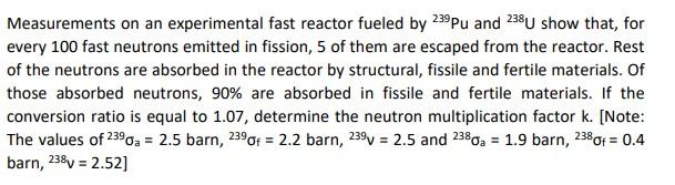 Solved Measurements on an experimental fast reactor fueled | Chegg.com